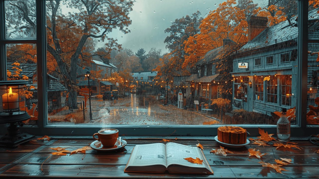 🍁☕️🌧️ Cozy Autumn Cafe Ambience with Relaxing Piano Music and Rain ...