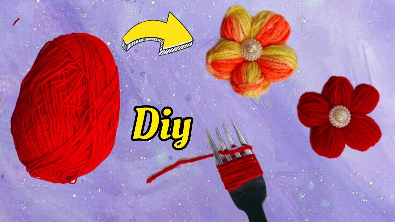 Diy flower with yarn/ Super easy woolen flower making with fork 🌸 - YouTube