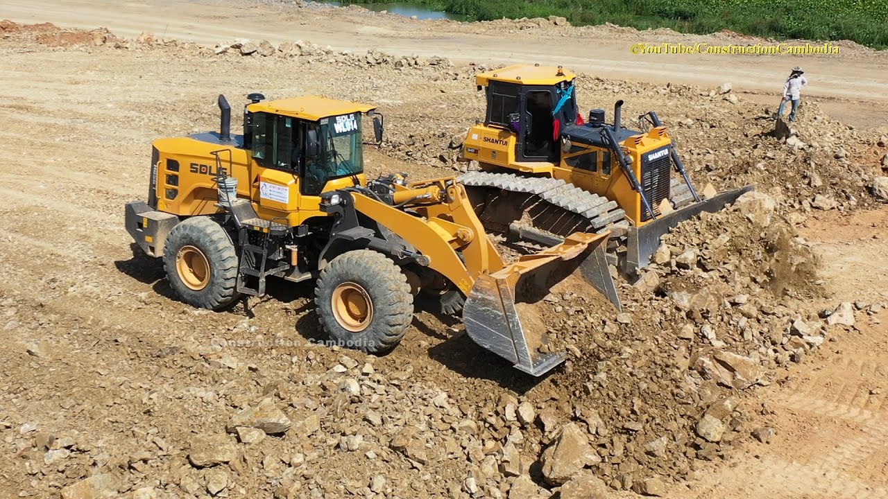 SDLG Wheel Loader, SHANTUI DH17 Dozer Pushing stone & Dump Trucks ...