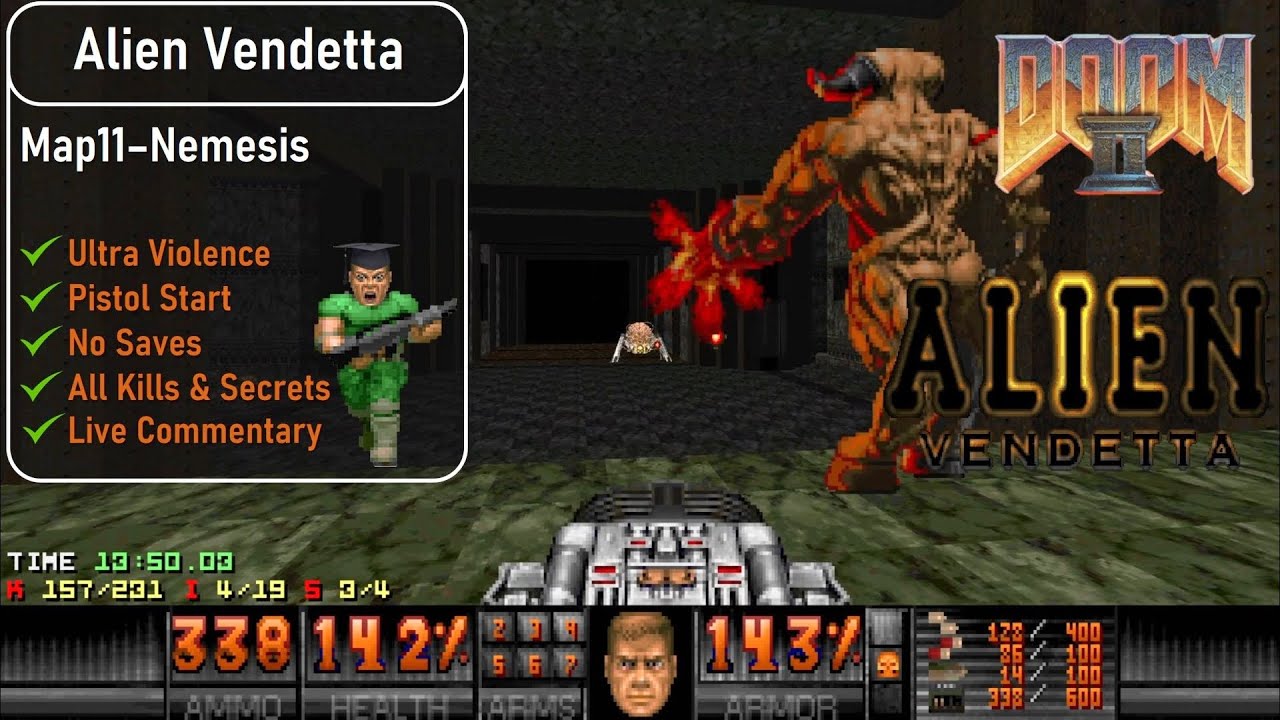 Alien Vendetta Map11 - Nemesis [Doom 2, UV, Pistol, 100%] - YouTube
