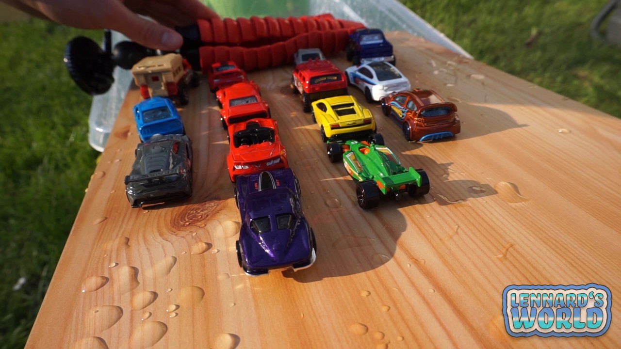 Racing Cars and Pickup Trucks Slide Down into Water | Toy Slide Video ...