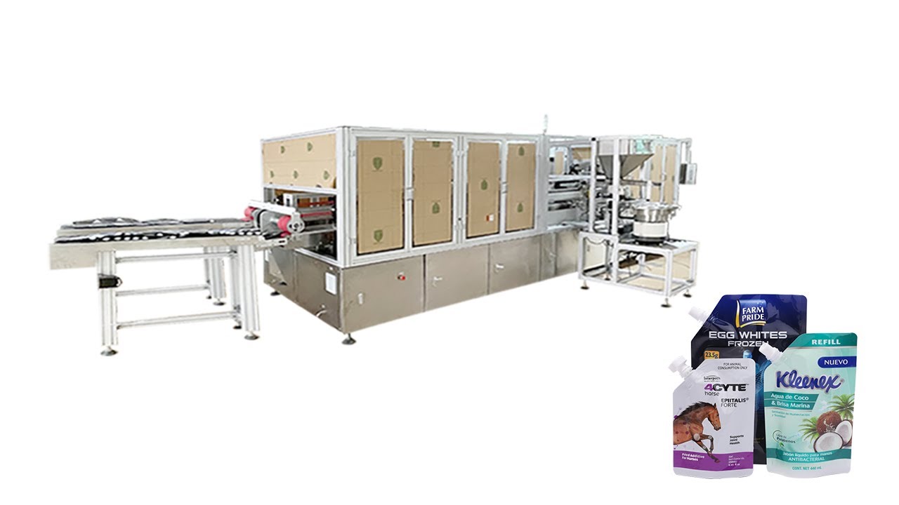 Automatic spout insert & sealing machine for stand up pouch - YouTube