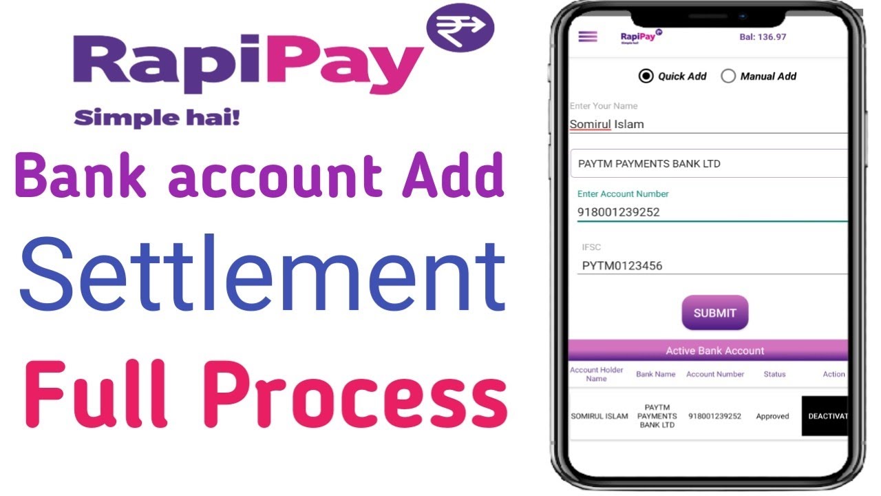 Rapipay Bank account add settlement & Move to Bank - YouTube