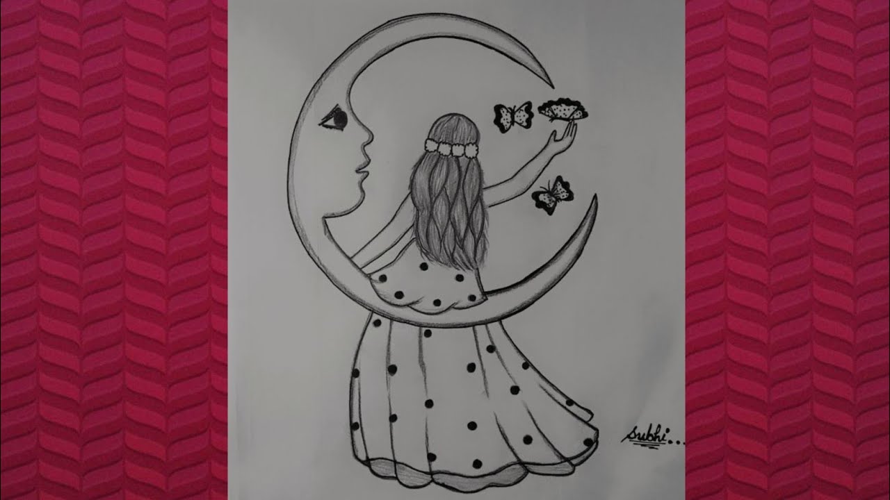A Girl With Butterflies Sitting on Moon-Pencil sketch, drawing video ...