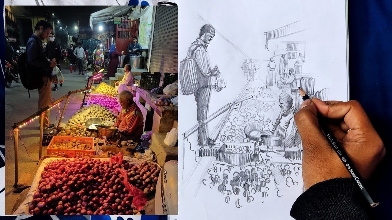 How to draw vegetable market scene with pencil | Simple illustration ...