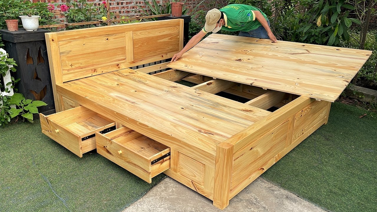 Creative Woodworking Design // How To Build A Storage Bed with Drawers ...