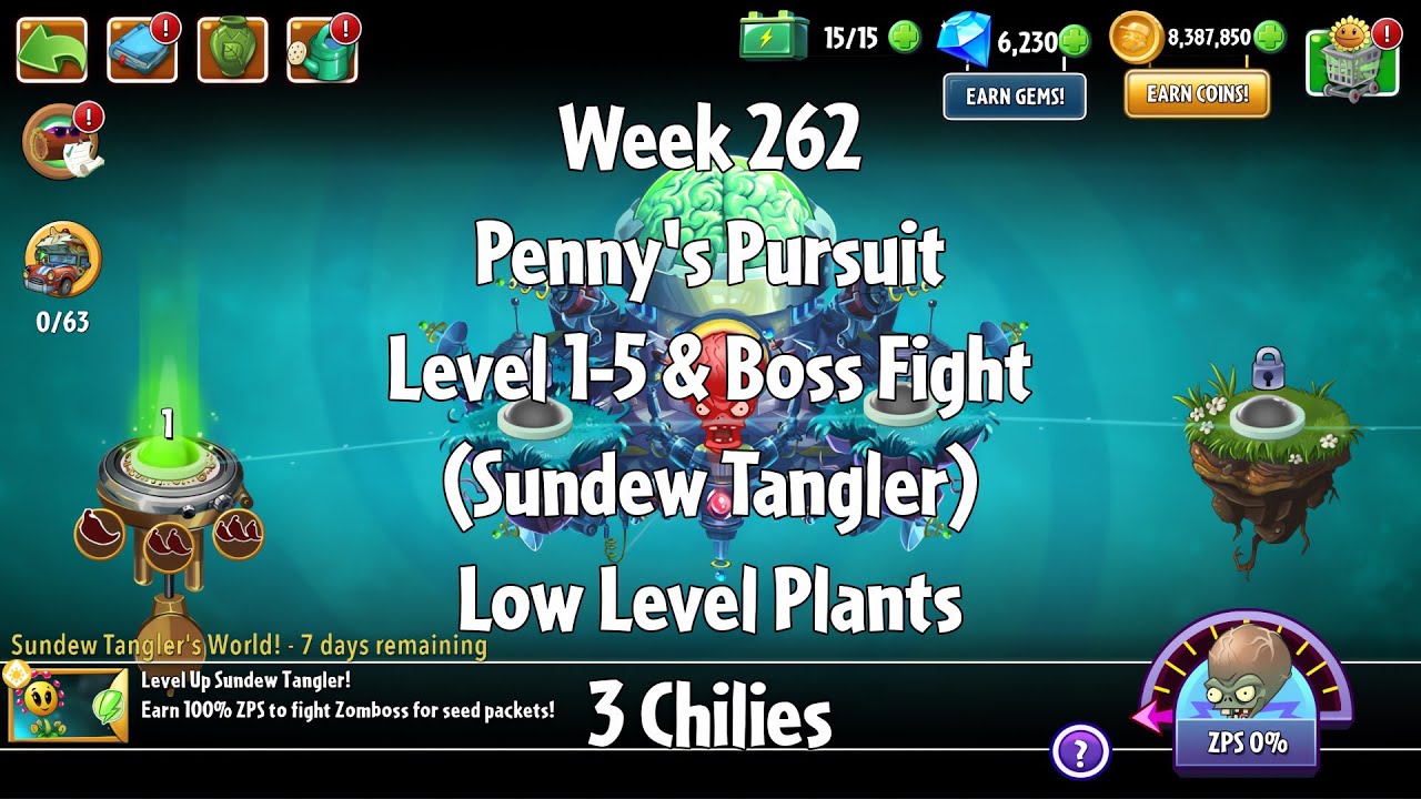 PvZ2 Penny's Pursuit Week 262 (Sundew Tangler) - Level 1-5 & Boss Fight ...