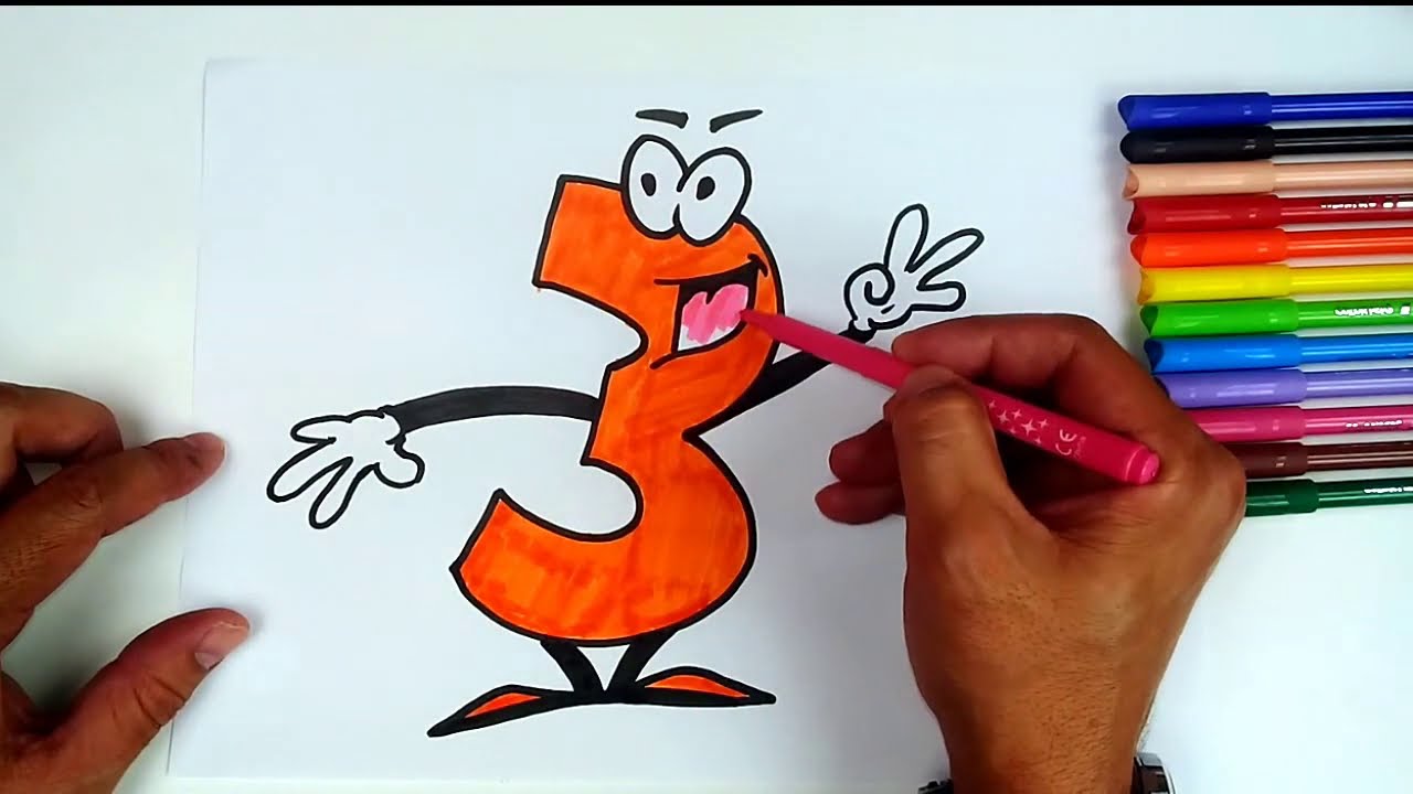 Teach drawing for kids How to draw and color the number 3 - YouTube