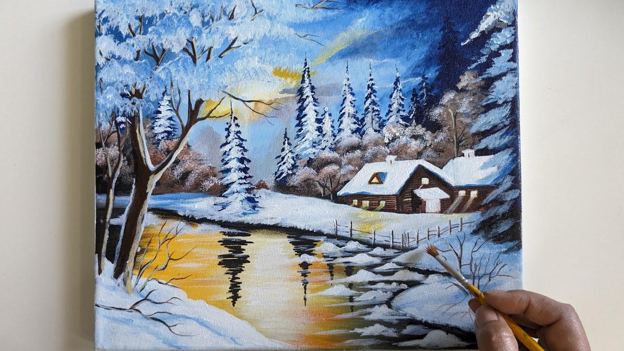 Snowy Morning / Acrylic Landscape Painting For Beginners / Winter ...