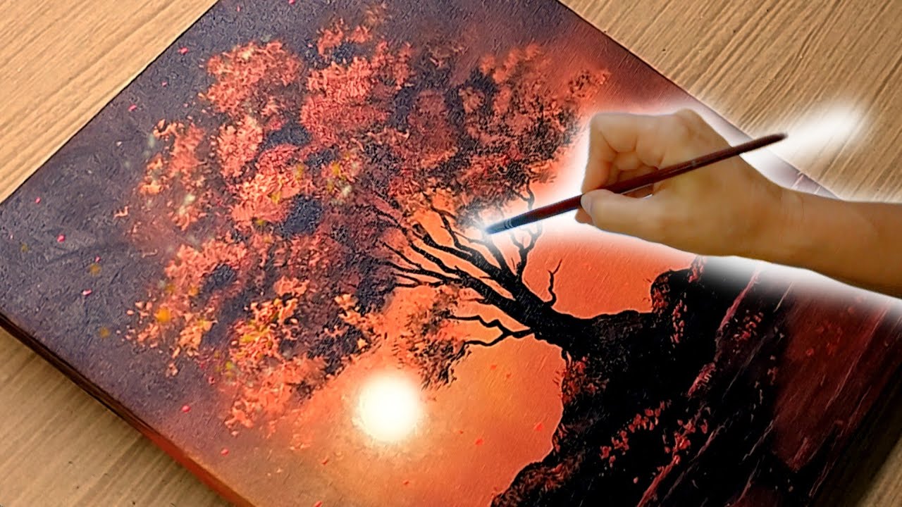 Idea to Paint a Lovely Red Tree/ Acrylic Panting Landscape whit sunset ...