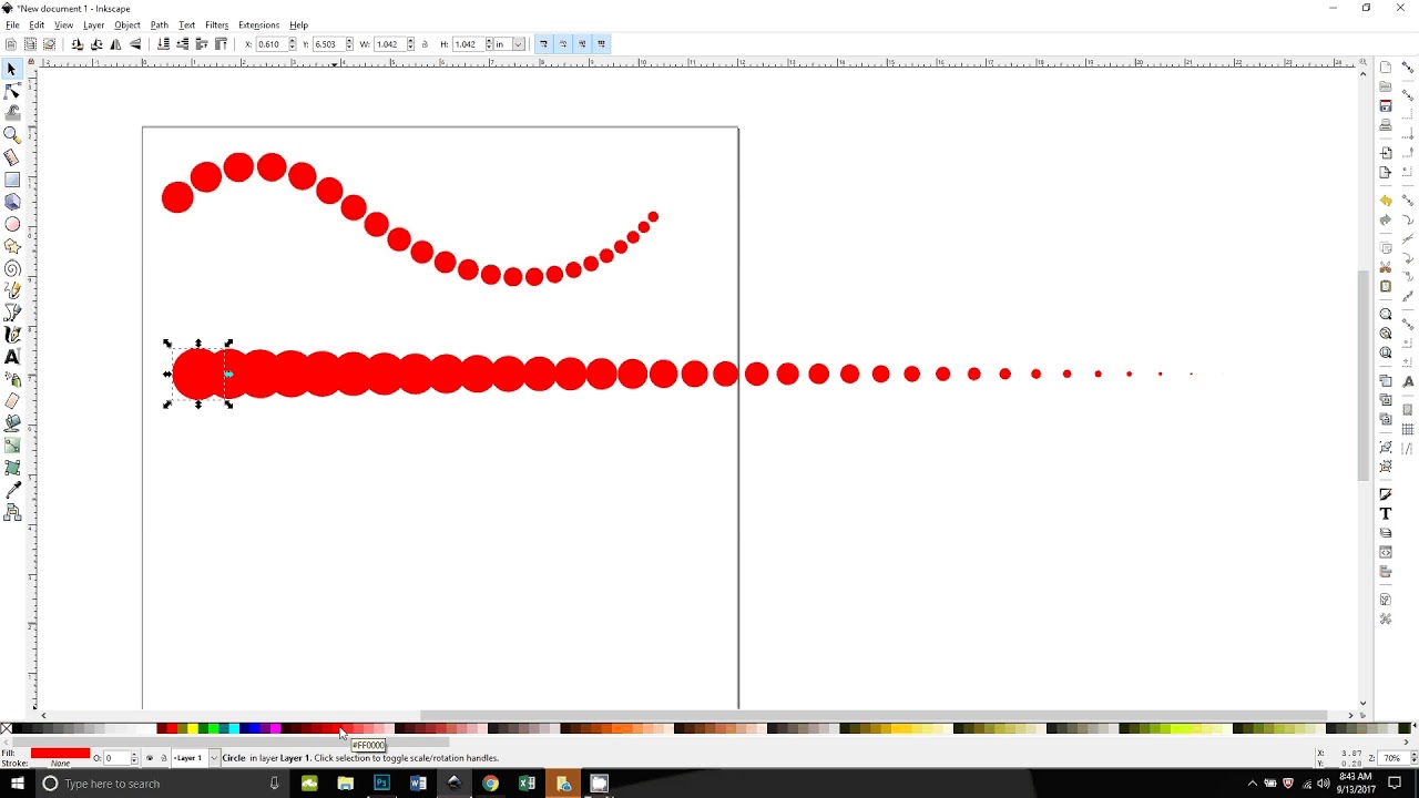 Decreasing circles along a path - YouTube