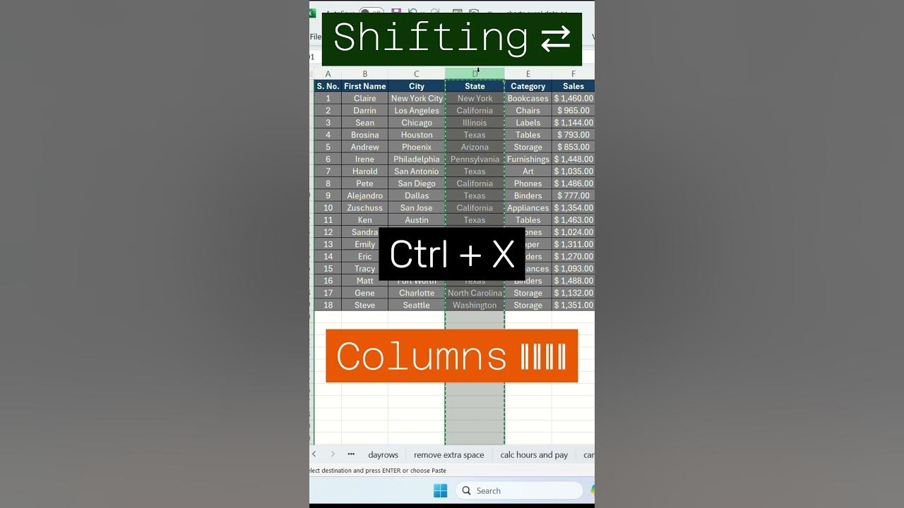 Shortcut Keys to Shift Columns in Excel #excel #skillsphere #dailyshorts - YouTube