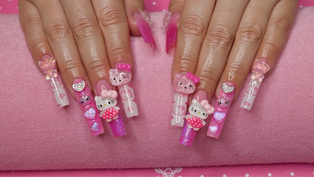 Pink Lv Designer Hello Kitty Kawaii Nails I Acrylic Nails Tutorial