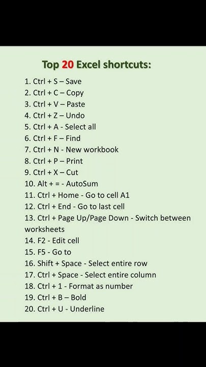 Top 20 Excel Shortcuts #shortcutkeys #excel #tutorial #officialcomputerskills #explorepage - YouTube
