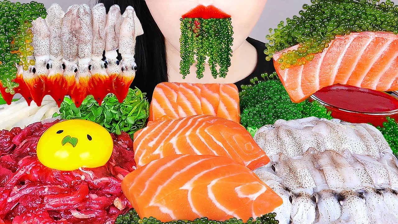 ASMR BABY SQUID, RAW BEEF, SALMON, SEA GRAPES 꼴뚜기, 육회, 연어회, 바다포도 먹방 ...
