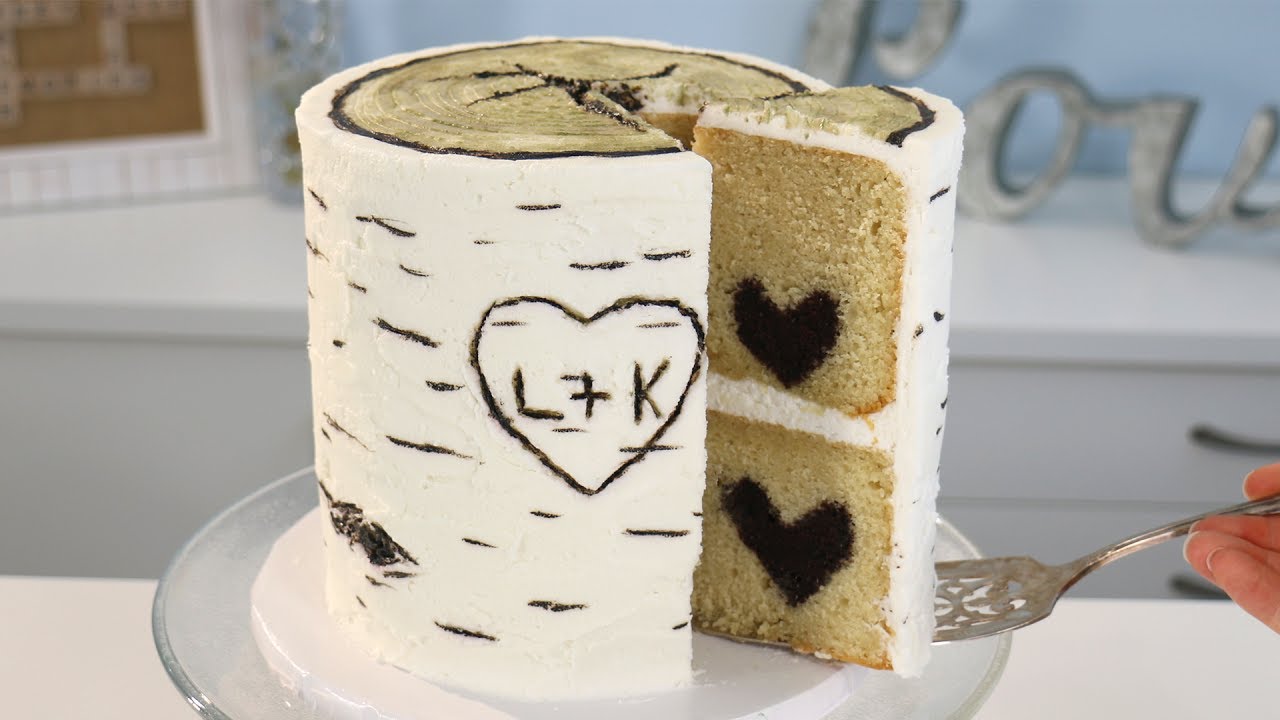 Birch Bark CAKE with HIDDEN Chocolate Heart INSIDE!! - YouTube