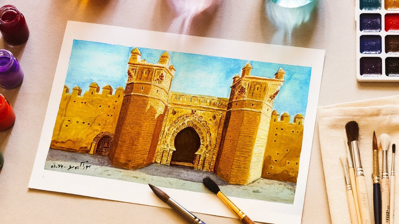Timelapse Watercolor painting - Chellah Principal Gate - Rabat MOROCCO ...
