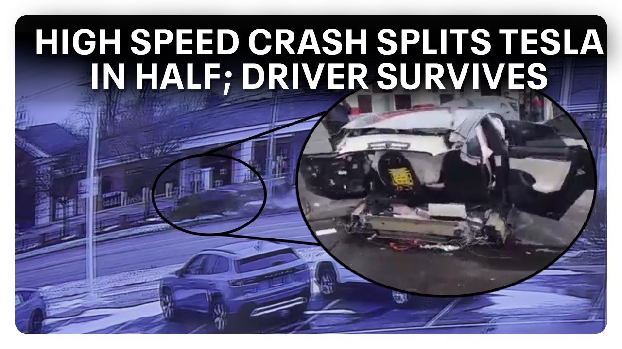 Speeding Tesla crashes, splits in half - YouTube