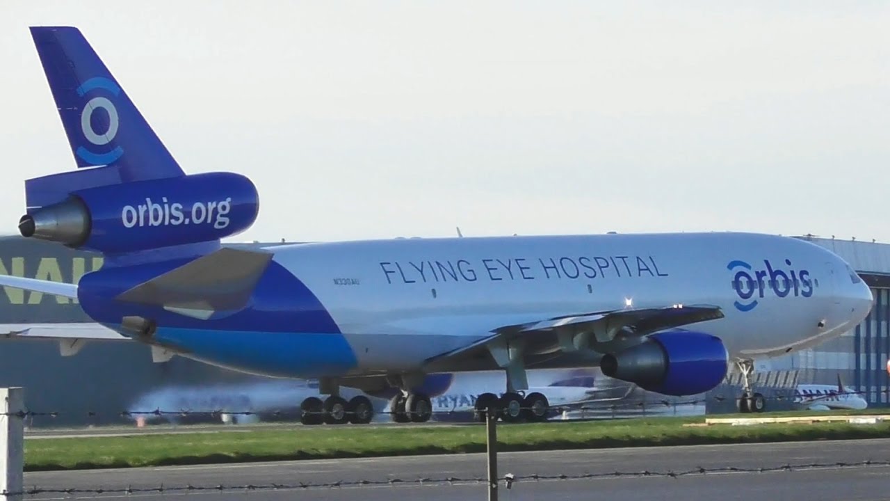 Orbis Flying Eye Hospital MD-10 Departing Stansted Airport - YouTube