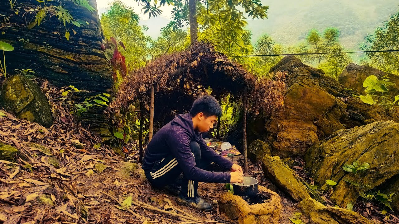 3 days of survival in the forest make a shelter with wood and dry ...