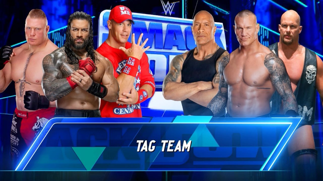Roman Reigns Brock Lesnar & John Cena vs. Randy Orton The Rock & Steve ...