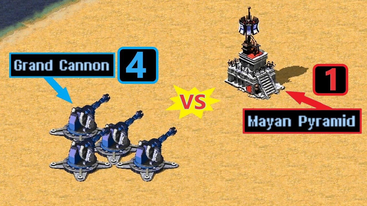 4 Grand Cannons vs 1 Mayan Pyramid - Red Alert 2 - YouTube