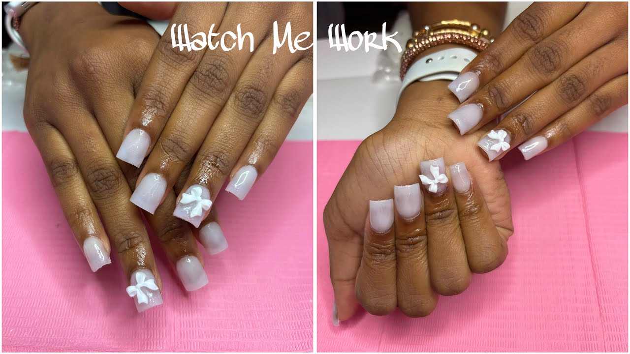Watch Me Work | Short Milky White Acrylic Nails | Cute Bow Nail Charms | Beginner Nail Tech ...