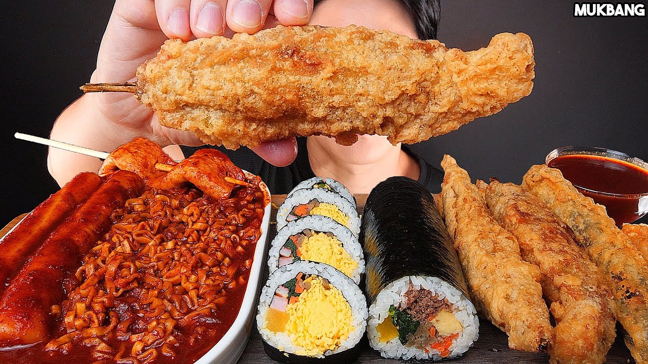 ASMR MUKBANG | SPICY FIRE NOODLES TTEOKBOKKI FRIED PEPPER DUMPLING GIMBAP EATING 가래떡 떡볶이 김밥 고추튀김 ...
