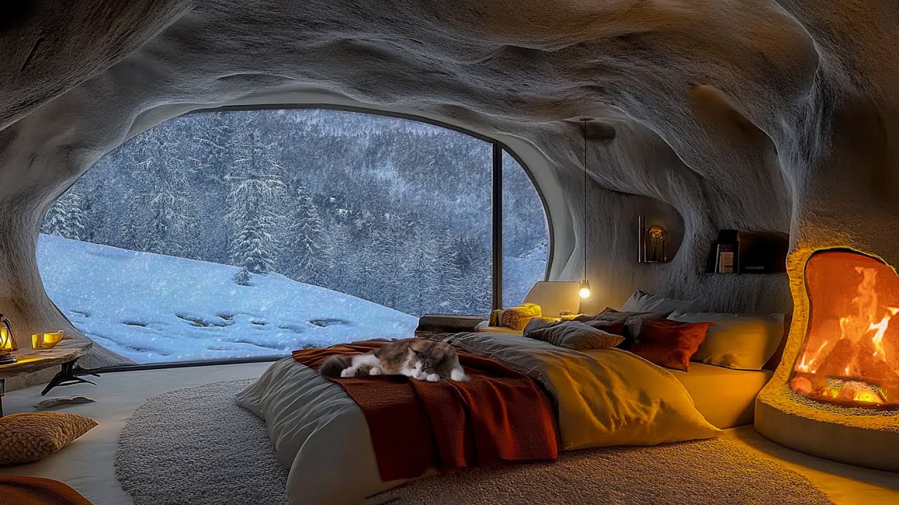 Chilly Cave Sanctuary ️ Warm Fireplace and Snowstorm Outside for Deep ...