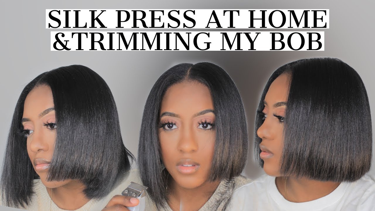 SILK PRESS ON NATURAL HAIR AT HOME | TRIMMING MY BOB - YouTube