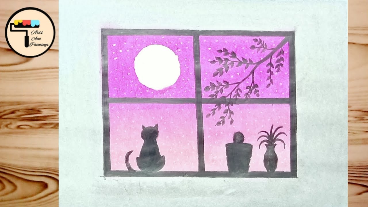 Cat in the window of moonlight | cat on the window drawing | easy ...
