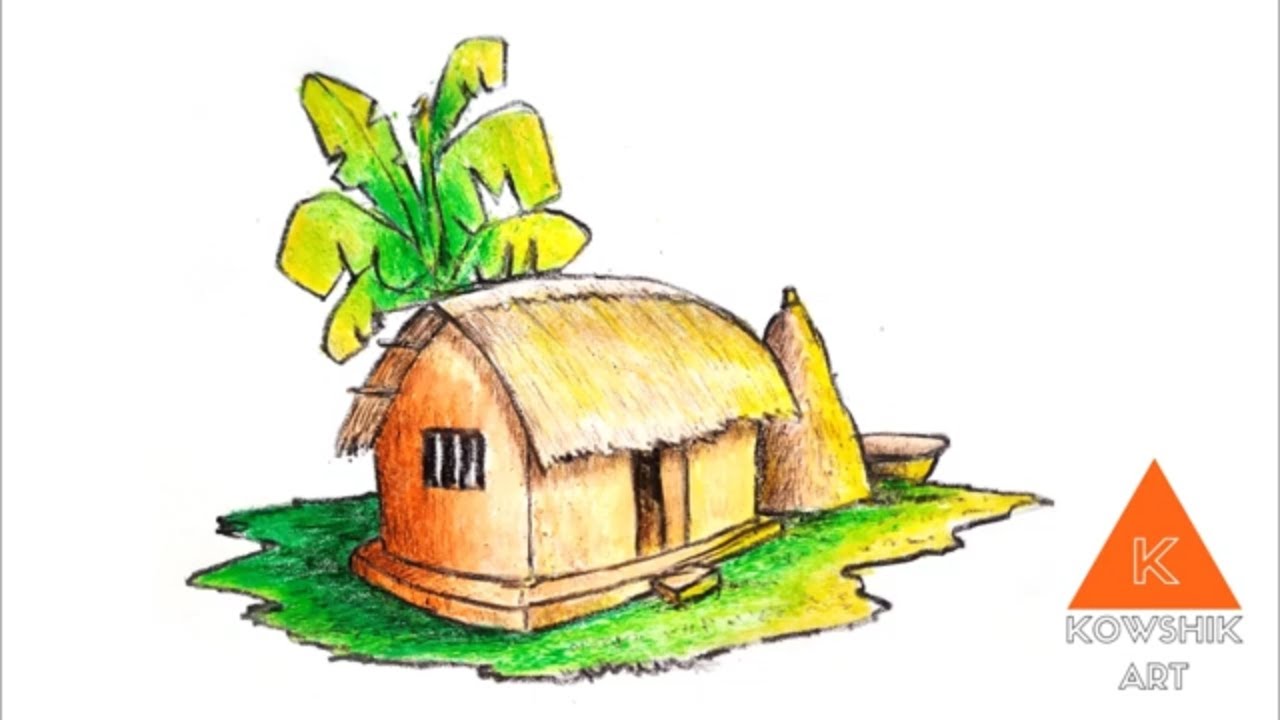 How to draw and color village house/কুঁড়ে ঘর/গ্রামের বাড়ি step by ...