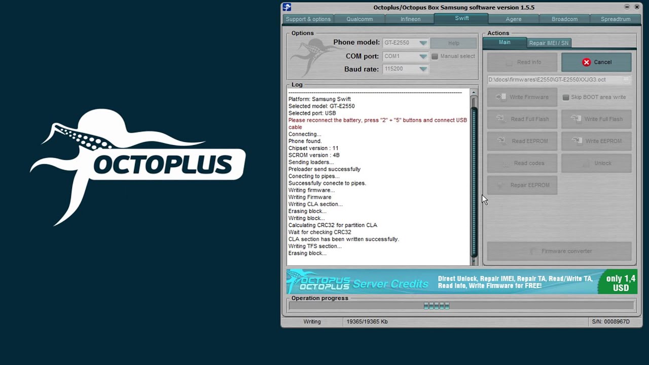 Samsung GT-E2550 Write Firmware with Octoplus Box - YouTube
