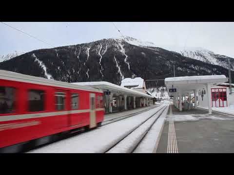 RhB train Pontresina - Scuol-Tarasp leaving Zernez