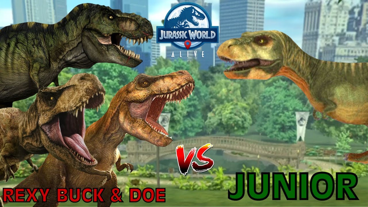 Rexy, Buck, & Doe vs Junior - Jurassic World Alive - YouTube