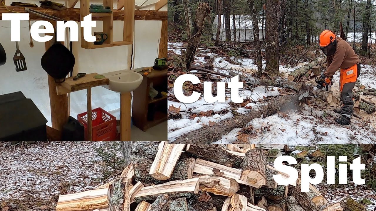 Canvas Hot Tent Base Camp Tour and Processing Trees for Fire Wood - YouTube
