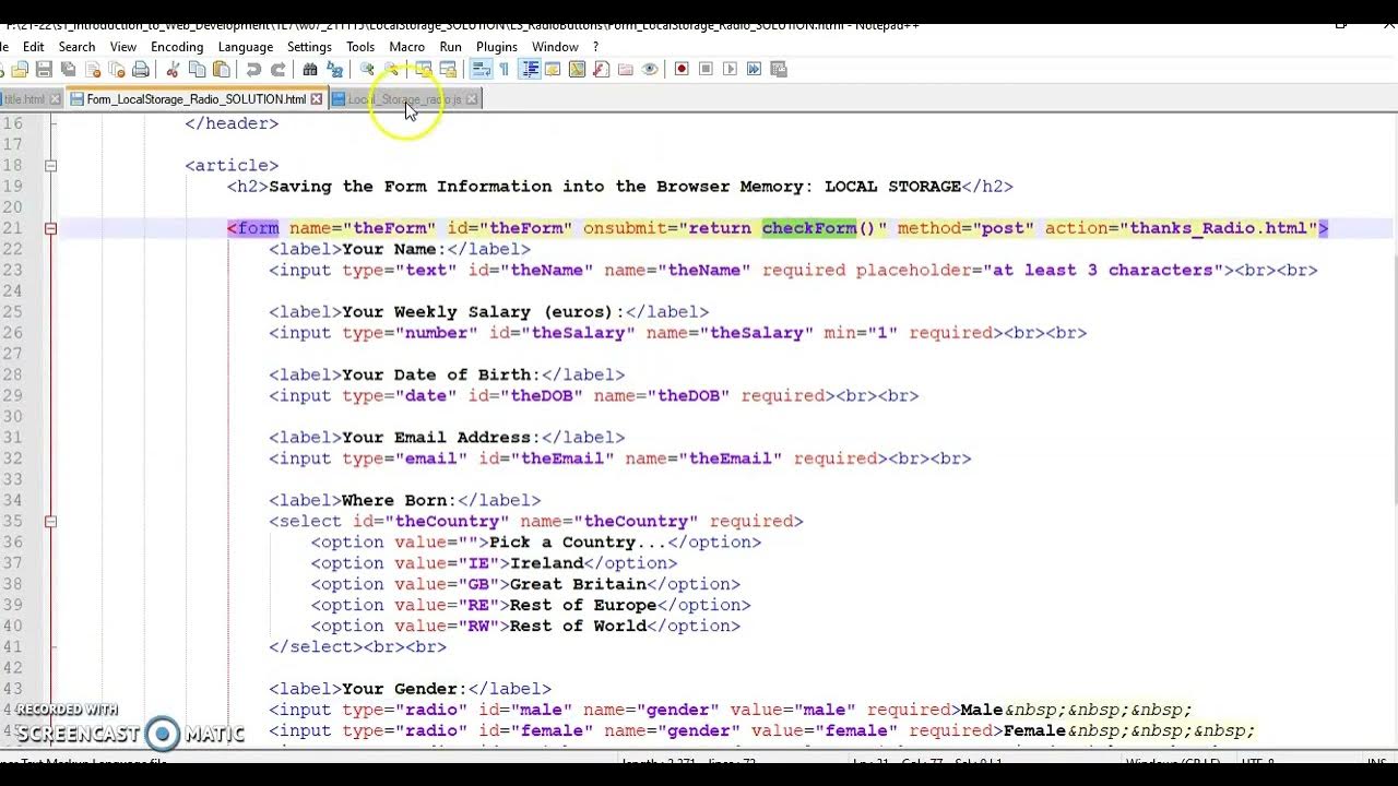 HTML Forms: 13: Local Storage 4: Radio Buttons: - YouTube