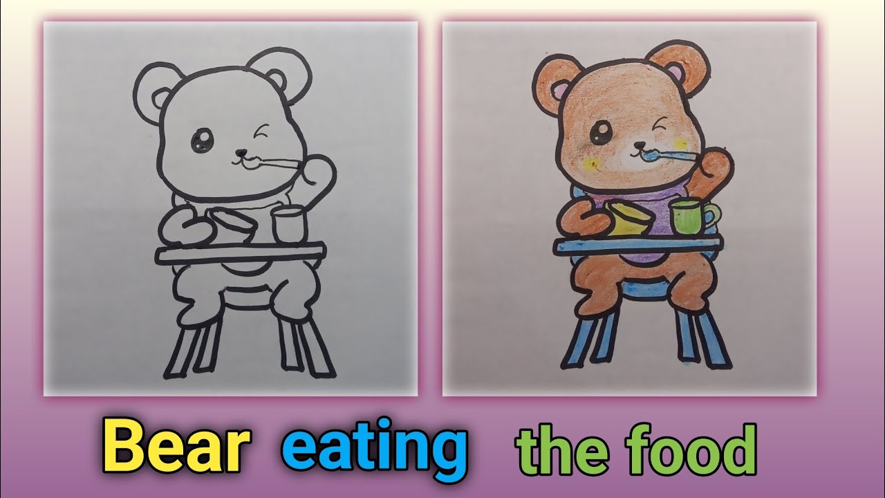 How to draw a cute bear eating the food/ Bear 🐻 drawing food 🍲 enjoy ...