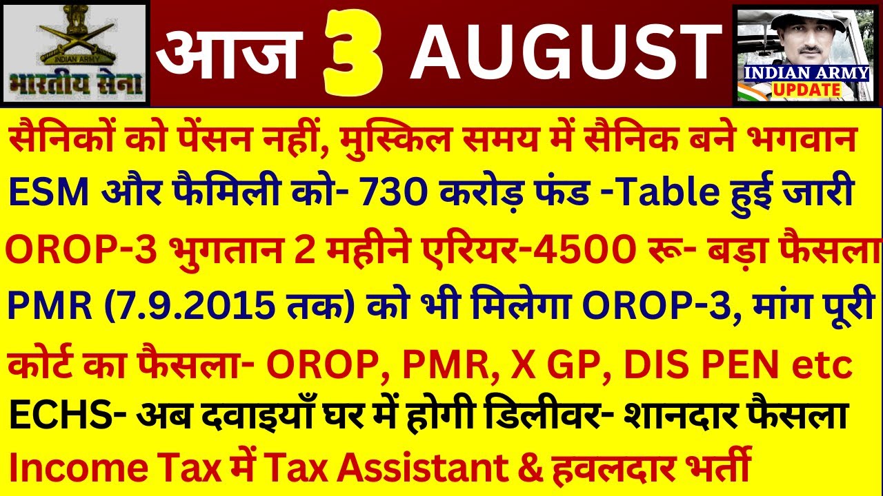 ESM & Family को 750 करोड़ जारी, OROP-3 भुगतान 2 महीने एरियर-4500 रू के ...