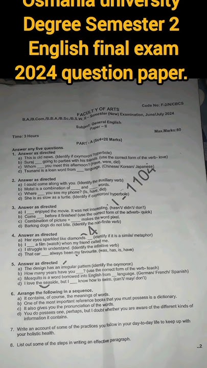 English Semester- 2 DEGREE. Final Exam question paper 2024. Osmania ...