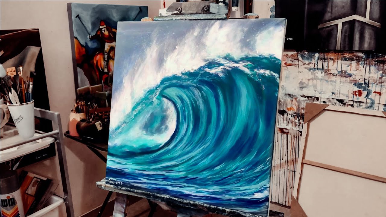 Crashing Sea Waves Acrylic Painting | How To Paint Realistic Water ...