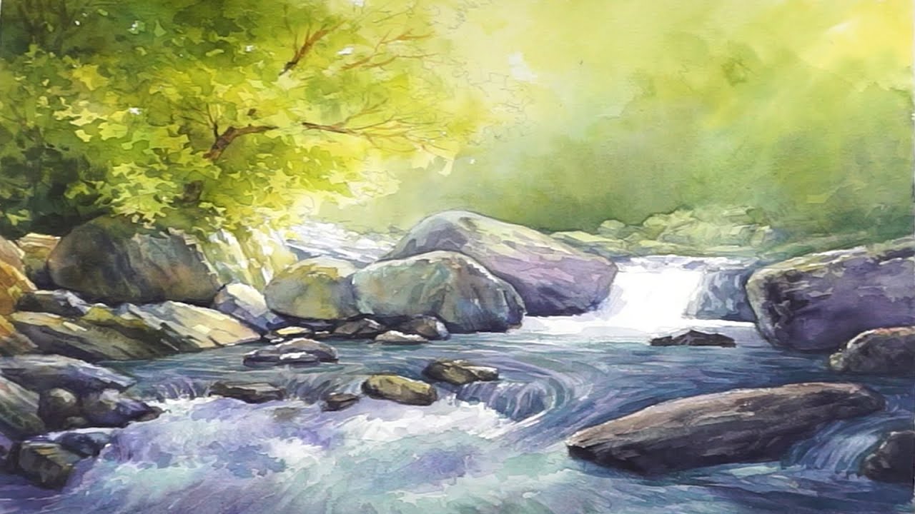 Watercolor landscape painting - Waterfall forest - YouTube