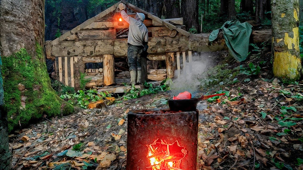 3 Days Alone in the Rainy Mountains – Building a Secret Survival Cabin ...
