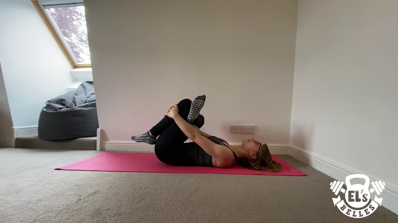 Lye on back, foot on knee, hold shin clute stretch - YouTube