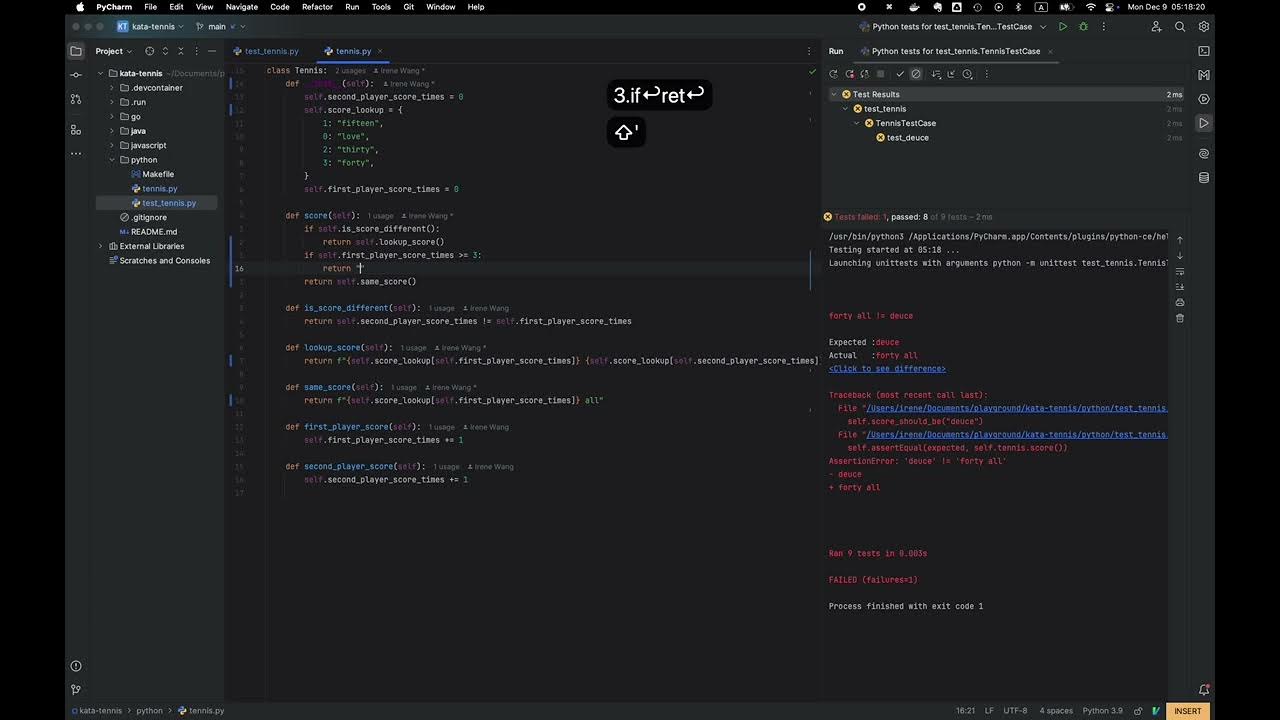 TDD Tennis Kata in Python with PyCharm V6 - YouTube