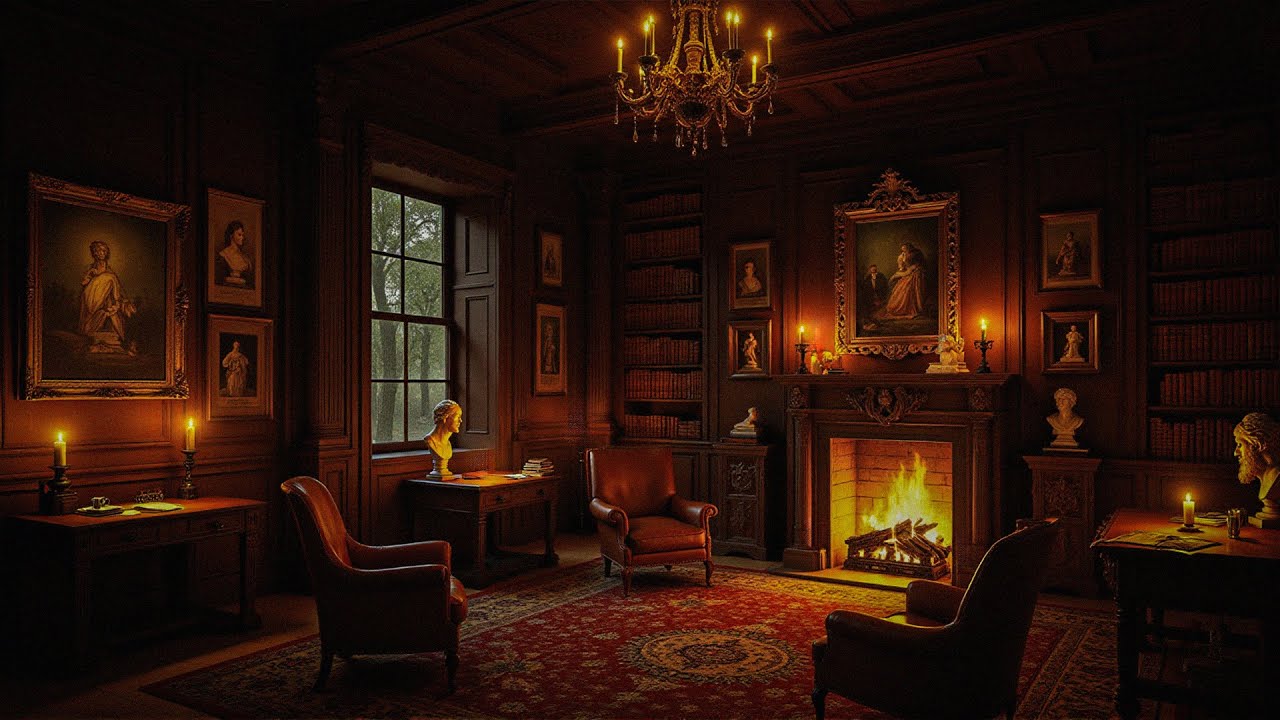 Elegant Dark Academia Library | Candlelit Fireplace Ambience with ...