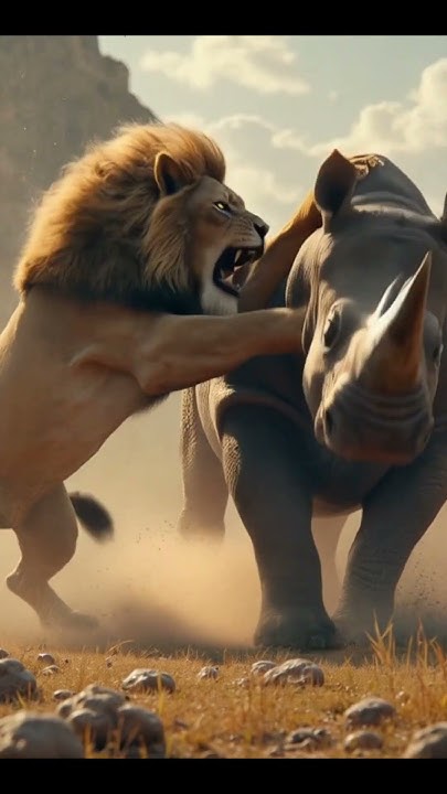 Fight between a lion and a rhinoceros/قتال بين أسد ووحيد قرن - YouTube
