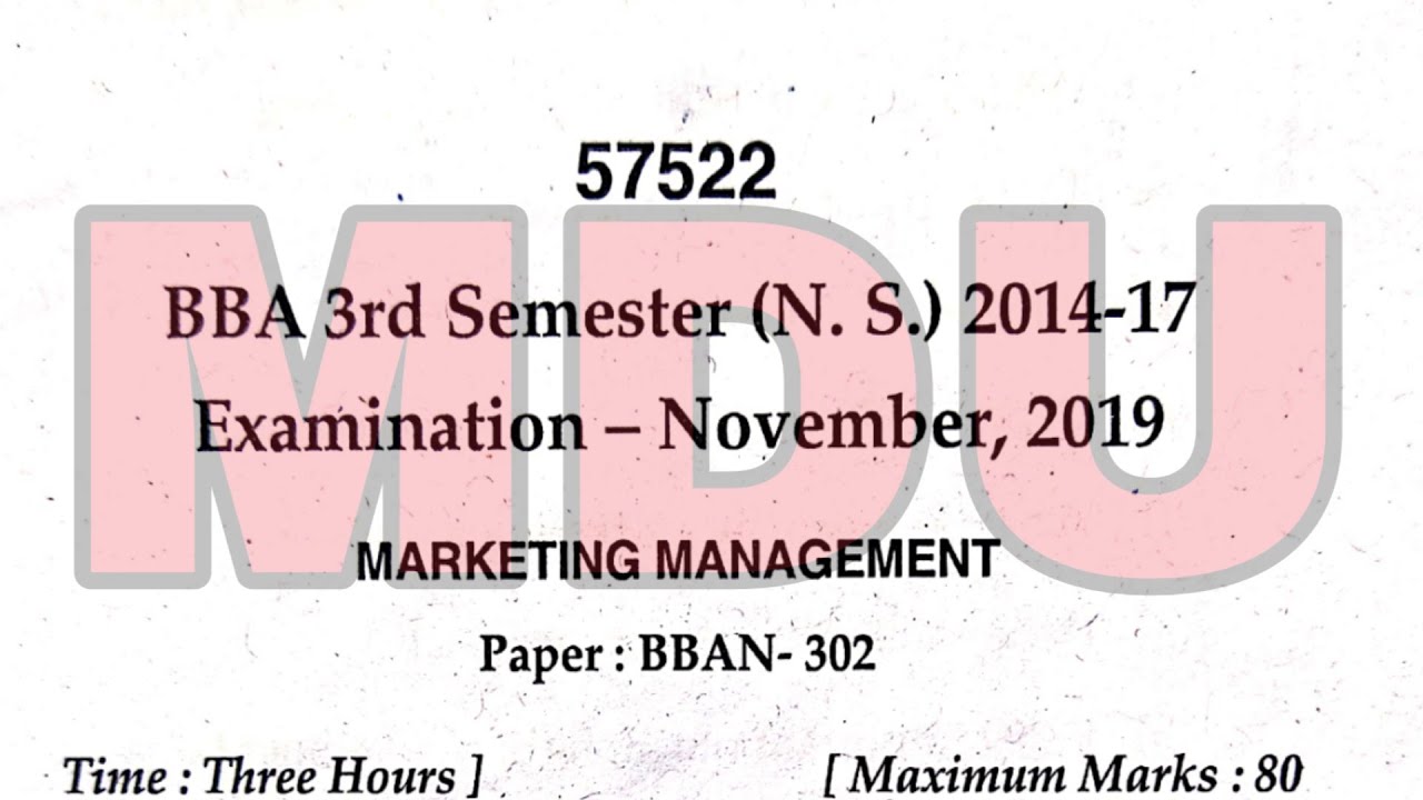 BBA 3rd semester marketing management question paper November 2019 MDU ...