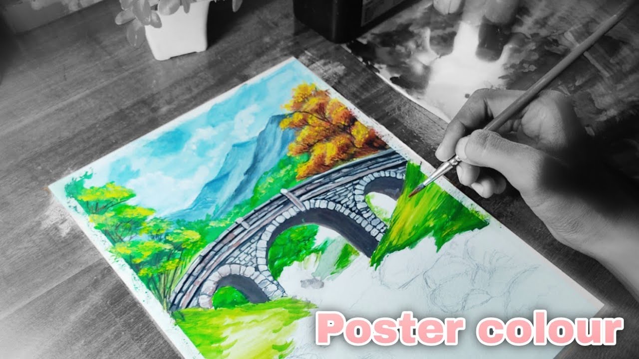 How to draw beautiful scenery poster colour #painting - YouTube