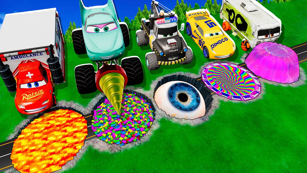 Mega pits with McQueen and Pixar Cars Vs Big & Small Lightning McQueen ...